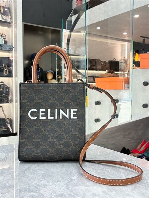 Celine Mini Vertical Cabas Tote In Triomphe Canvas And Tan Calfskin Le