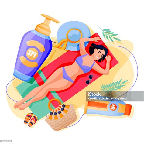 여름 얼굴 몸 태양 보호 자외선 차단제로 일광욕을 하는 여성 소녀와 자외선 차단 제 화장품의 벡터 일러스트 건강관리와 의술에 대한 스톡 벡터 아트 및 기타 이미지 Istock