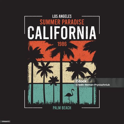 캘리포니아 티셔츠 디자인과 야자수 플라밍고의 실루엣이 컬러 그런지 배경 의류 티셔츠 프린트를 위한 타이포그래피 그래픽 벡터