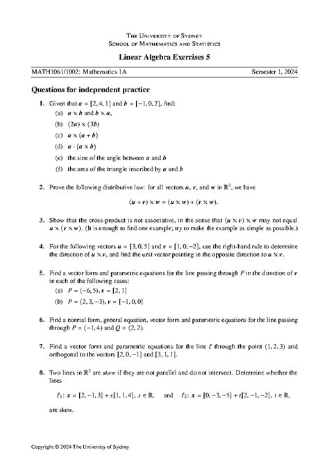 linear algebra exercises 5 the university of sydney school of