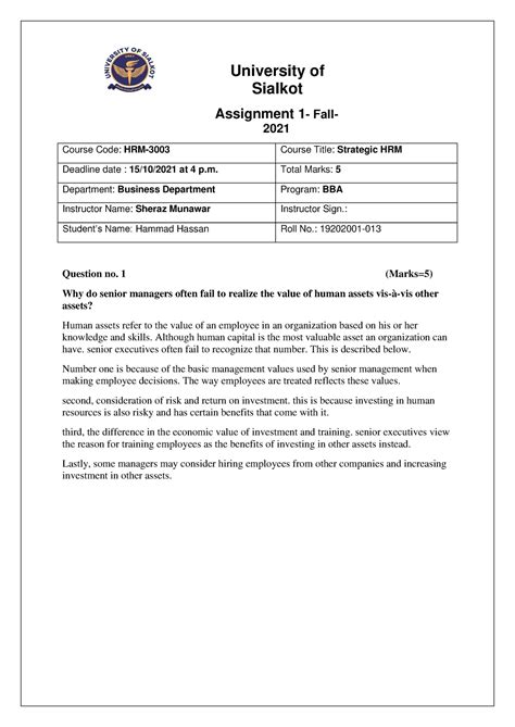 013 Hammad Hassan Assignment Hrm Specilization University Of Sialkot Assignment 1 Fall