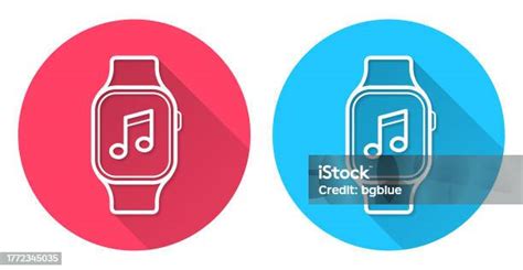 스마트워치의 음악 빨간색 또는 파란색 배경에 긴 그림자가 있는 둥근 아이콘 Mp3 플레이어에 대한 스톡 벡터 아트 및 기타 이미지 Mp3 플레이어 개념 그림자