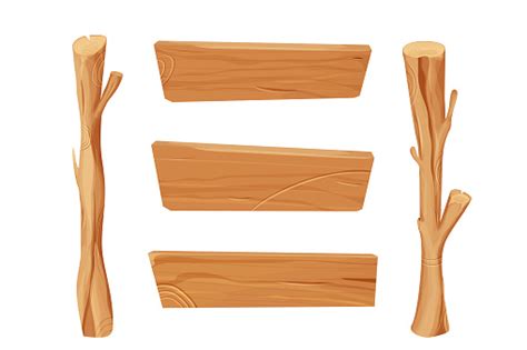 흰색 배경에 고립 된 만화 스타일의 나무 표지판 세트 나무 막대기 및 나무 빈 질감판 게임 자산 Ui 요소 질감 소재 마사지