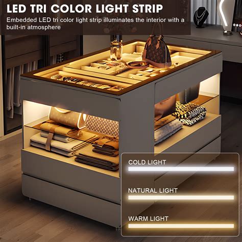 Closet Island With Led Mood Light Glass Top Island With Jewelry Storag