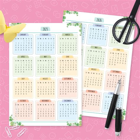 Yearly Calendar Botanical Design Template Printable Pdf