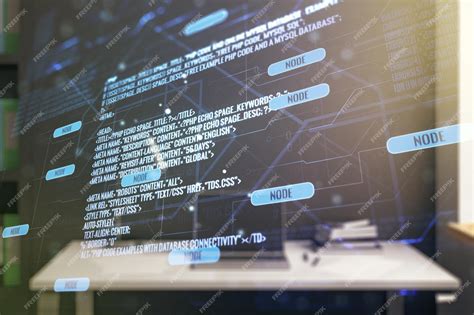 Premium Photo Multi Exposure Of Abstract Programming Language Hologram And Modern Desk With