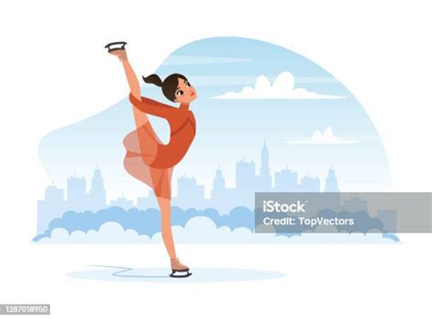 도시 경관 배경 장면 벡터 일러스트와 링크에 젊은 여자 아이스 스케이팅 겨울 스포츠에 대한 스톡 벡터 아트 및 기타 이미지