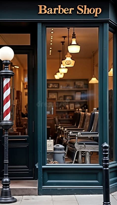 Traditional Barbershop Storefront With Vintage Barber Pole Large