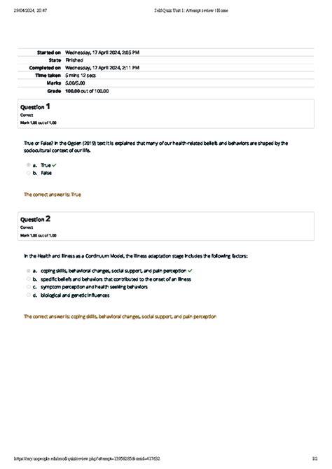 Self Quiz Unit 1 Attempt Review Home Started On Wednesday 17 April 2024 205 Pm State