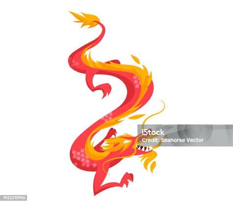 밝은 빨간색과 주황색 불타는 용 그림이 역동적인 포즈를 취하고 있습니다 생생한 색상의 아시아 신화 생물 디자인 중국 설날 상징 벡터 일러스트 레이 션 중국 용에 대한 스톡