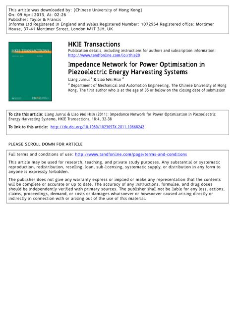 Pdf Impedance Network For Power Optimisation In Piezoelectric Energy Harvesting Systems