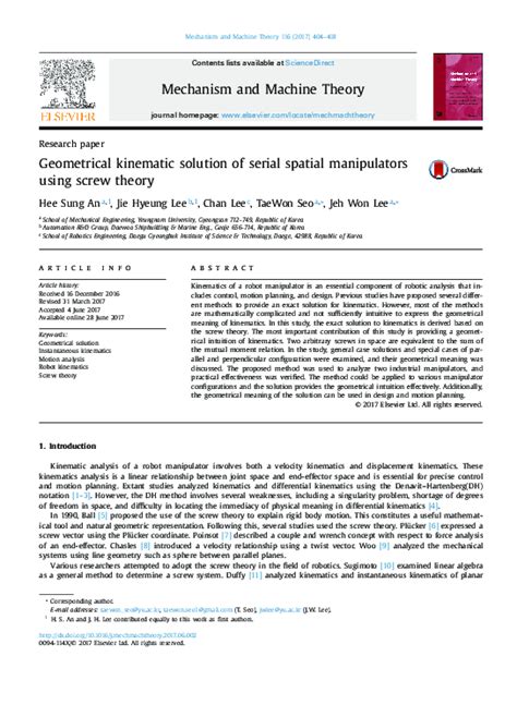 pdf geometrical kinematic solution of serial spatial manipulators