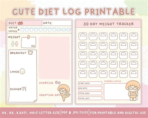 Cute Diet Log Printableprintable Diet Journalweight Tracker Journal