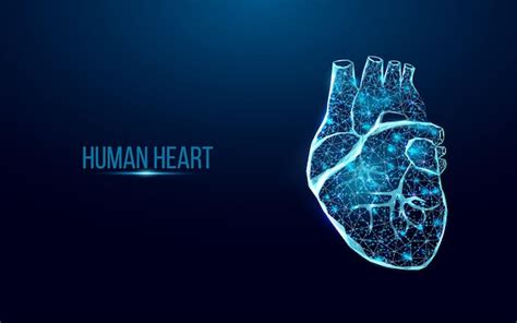 인간의 심장 와이어프레임 세계 심장의 날 개념입니다 배너 템플릿 빛나는 낮은 폴리 미래의 현대 추상입니다 어두운 배경에