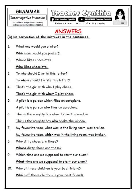 Teacher Cynthia Interrogative Pronouns 【with Answers Facebook