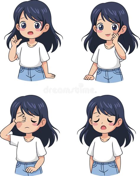 Chibi Girl Expressing Emotions Set Vector Illustration Cute Anime Style