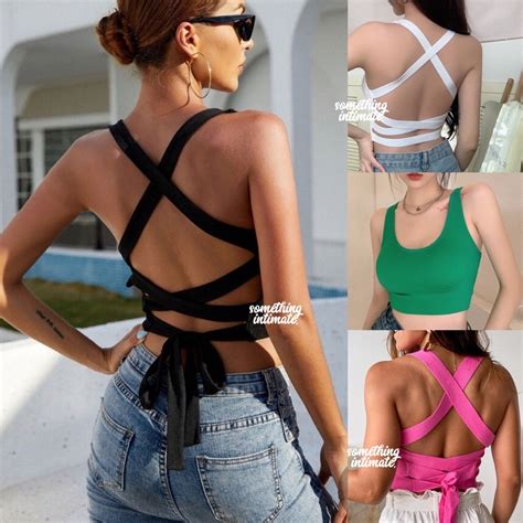 Jual CAYLO Criss Cross Back Rib Knit Fitted Crop Top Backless Hot Fuschia Pink Green Sportsbra ...