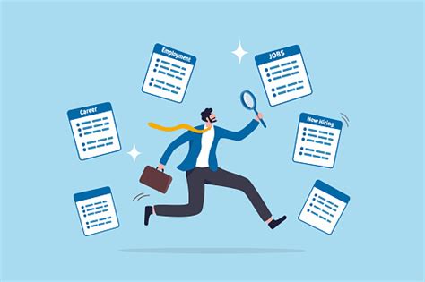 구직자 새로운 직업 찾기 새로운 직업 기회 찾기 공석 고용 또는 인적 자원 모집 고용 면접 개념 돋보기를 가진 사업가가 일자리를 찾는 것을 발견합니다 선택에 대한 스톡 벡터