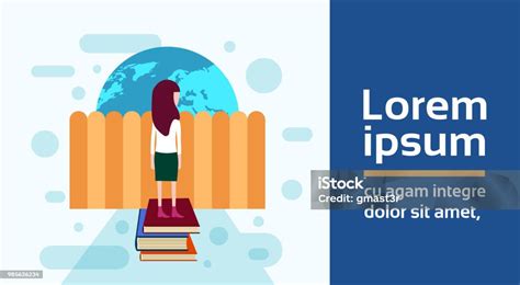 여자 문자 숙박도 서 스택 디자인 작업 및 흰색 배경 전체 길이 복사본 공간에 애니메이션에 대 한 장애 여성 템플릿을 통해 울타리 봐 세계 엿보기 검색에 대한 스톡 벡터