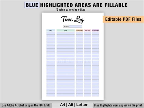 Editable Time Log Time Sheet Printable Time Log Time Log Etsy