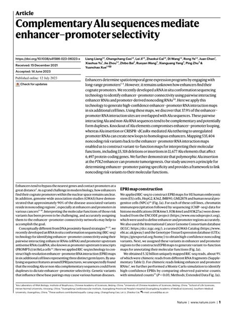 Nature 23 Complementary Alu Sequences Mediate Enhancer Promoter