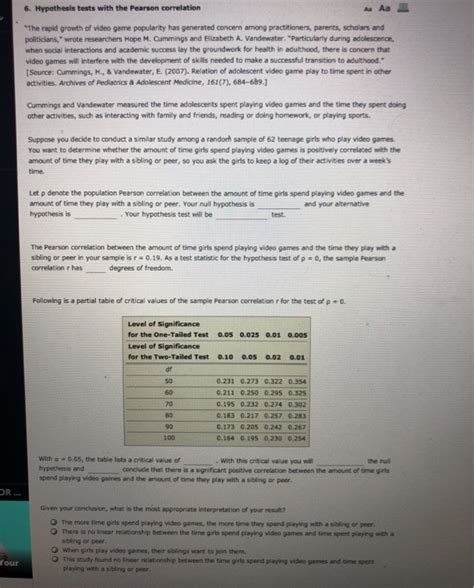 Solved Hypothesis Tests With The Pearson Correlation A Aa Chegg