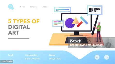 남자 페인팅 기하학적 모양 방문 페이지 템플릿 펜과 거대한 태블릿 Pc에서 작은 남성 캐릭터 그래픽 디자이너 개념에 대한 스톡