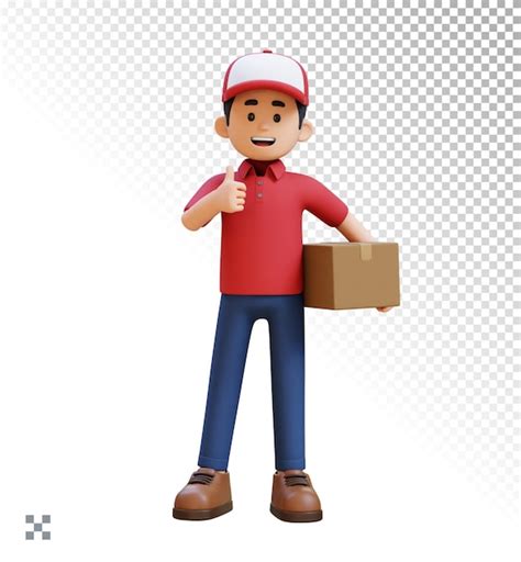 Personagem De Entregador 3d Dando O Polegar Para Cima Pose Com Caixa De
