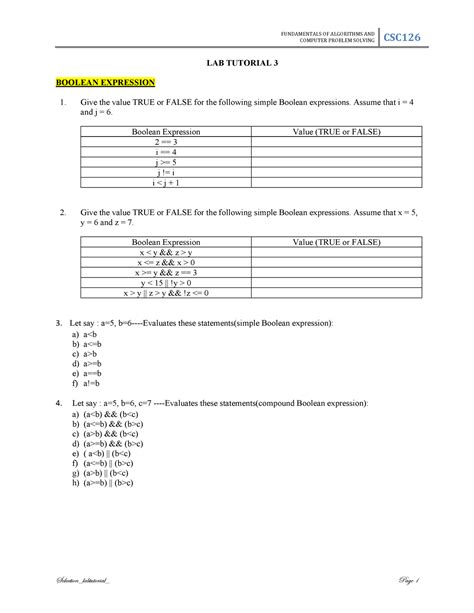Exercise COMPUTER PROBLEM SOLVING CSC fxÄxvà ÉÇrÄtuàâàÉÜ tÄr ctzx D LAB TUTORIAL BOOLEAN