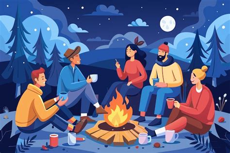 Premium Vector A Cartoon Illustration Of People Sitting Around A Campfire