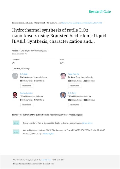 Pdf Hydrothermal Synthesis Of Rutile Tio2 Nanoflowers Using Brønsted Acidic Ionic Liquid [bail