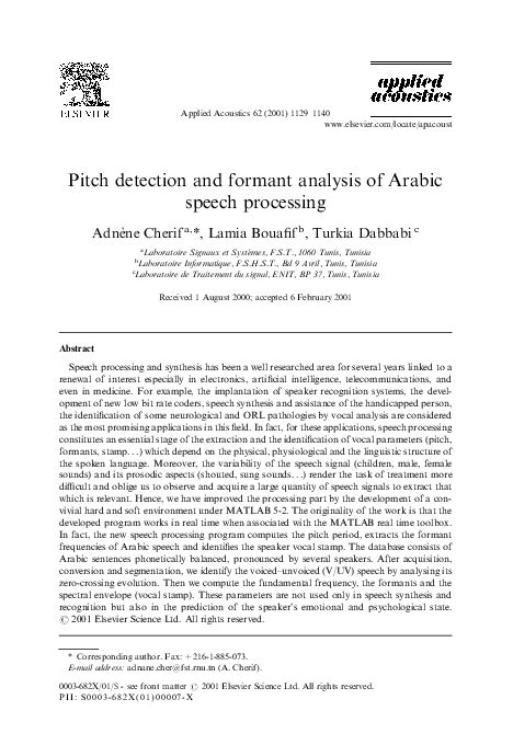 Pdf Pitch Detection And Formant Analysis Of Arabic Speech Processing