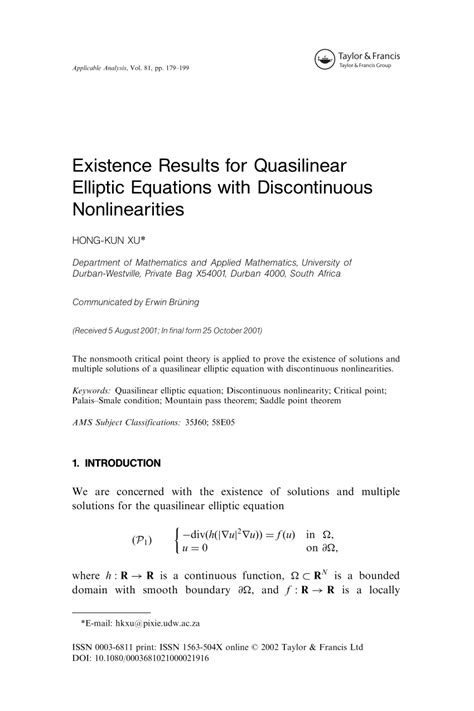 Pdf Existence Results For Quasilinear Elliptic Equations With Discontinuous Nonlinearities