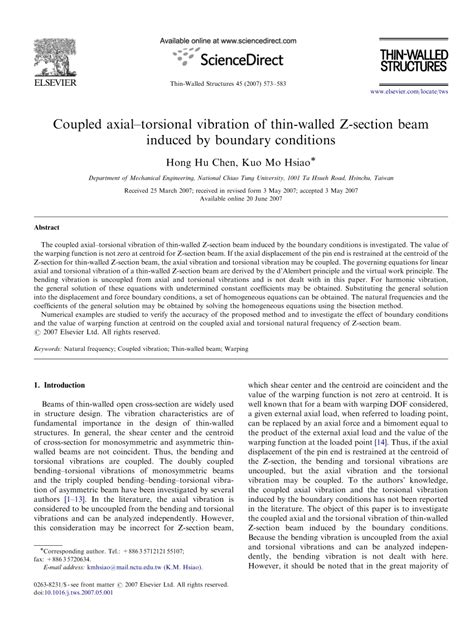 Pdf Coupled Axialtorsional Vibration Of Thin Walled Z Section Beam