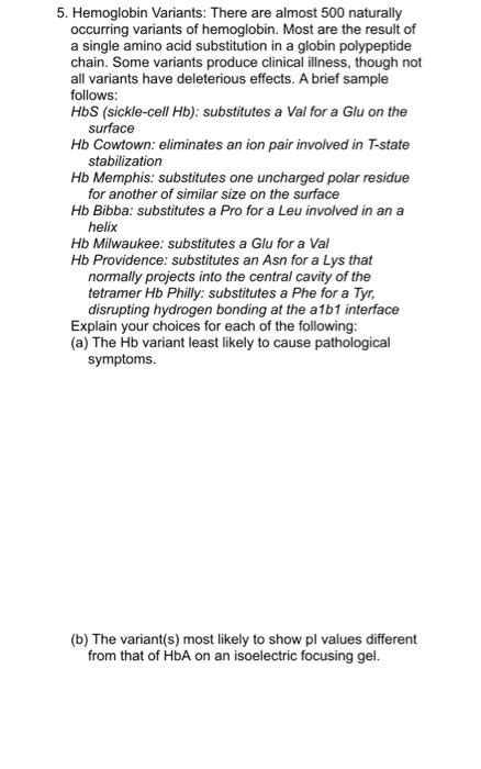 Solved 5 Hemoglobin Variants There Are Almost 500