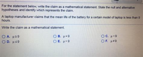 Solved For The Statement Below Write The Claim As A