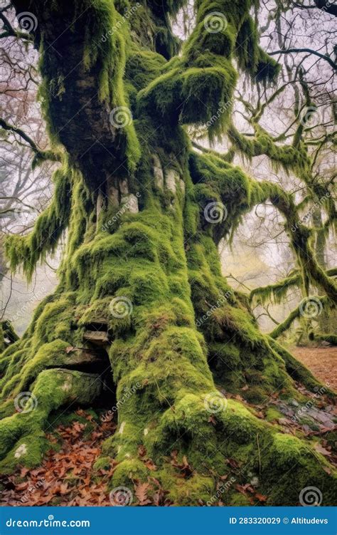 Ancient Twisted Oak Tree With Moss Covered Bark Stock Image Image Of