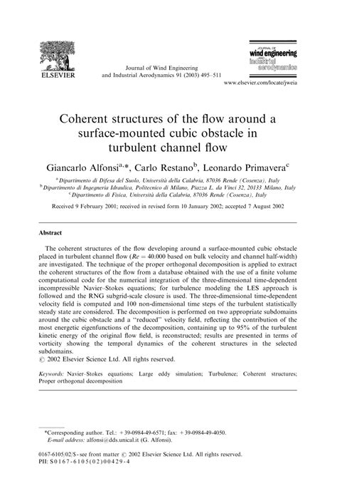 Pdf Coherent Structures Of The Flow Around A Surface Mounted Cubic Obstacle In Turbulent