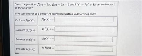 solved given the functions f x 4x g x 9x−9 and h x 7x2 8x