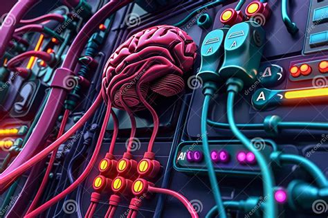Complex Neural Network with Artificial Brain, High Tech Wires, Multicolored Lights, Digital ...