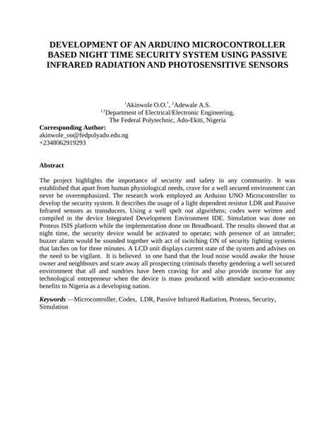 PDF Development Of An Arduino Microcontroller Based Night Time Security System Using Passive
