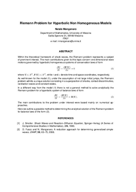 Pdf Riemann Problem For Hyperbolic Non Homogeneous Models