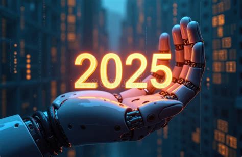 Futuristic Robot Hand Holds Glowing 2025 Number Binary Code Surrounds