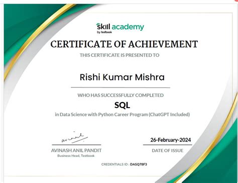 Rishi Kumar Mishra On Linkedin Testbook Sql Certification Dataanalysis Datascientist