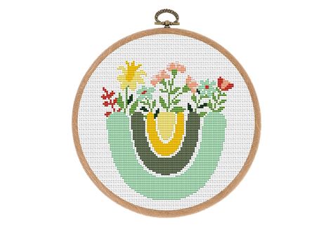 Cross Stitch Pattern Modern Flowers Boho Rainbow Small Counted Cross