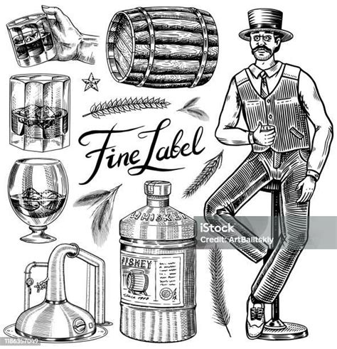 빈티지 위스키 세트입니다 나무 통 스카치와 버번 밀과 호밀 유리 병 빅토리아 사람 건배 강한 알코올 음료 손으로 그린 포스터 배지에 대 한 스케치 를 그려 미국 기호 배럴에