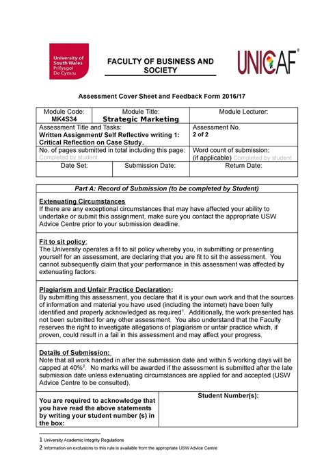 Usw Assessment Cover Sheet And Feedback Form Assignment 2 Faculty