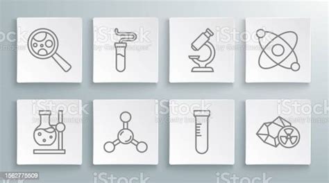 Set Line Test Tube Flask On Stand Molecule Radioactive Microscope Atom And Microorganisms Under
