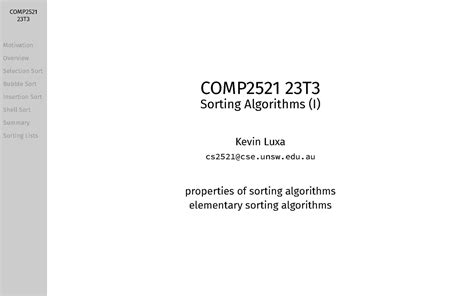 Week 2 Sorting Algorithms I 23t Motivation Overview Selection Sort