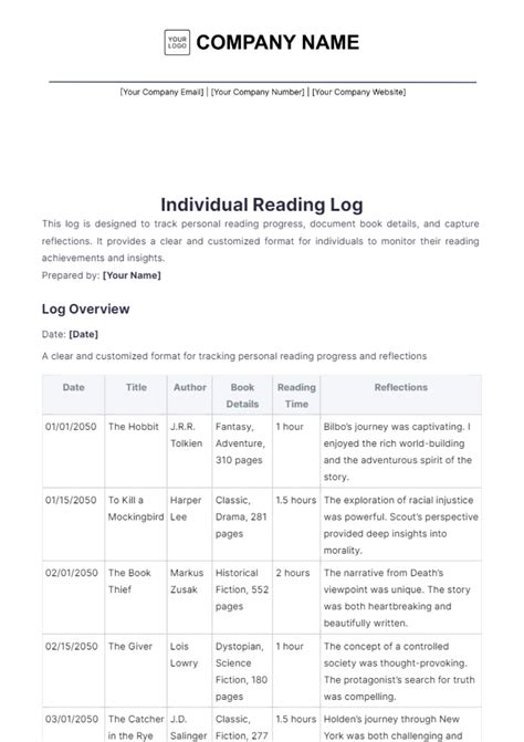 Free Reading Log Templates Editable And Printable